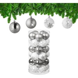 Weihnachtskugeln 30er Set, Kunststoff, d: 6 cm, runde Weihnachtsbaumdeko, Baumschmuck bruchsicher, silber/weiß - Relaxdays