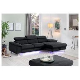 Ecksofa COTTA "Komaris L-Form" Sofas Gr. B/H/T: 244cm x 72cm x 166cm, Microfaser PRIMABELLE, Recamiere rechts, mit Bettfunktion-mit Bettkasten-mit RGB-LED-Beleuchtung, grau (lava) mit Kopfteilverstellung, wahlweise Bettfunktion,Stauraum & Beleuchtung