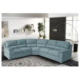 Ecksofa Egoitaliano "Doris, modernes Designerecksofa in hochwertigen Microfaserqualitäten" Sofas Gr. B/H/T: 266cm x 90cm x 246cm, Luxus-Microfaser Lederoptik, langer Schenkel rechts, blau (hellblau) edle Detailverarbeitung, wahlweise fleckenabweisend oder in Lederoptik