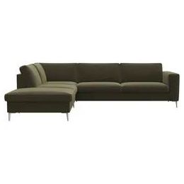 Ecksofa FLEXLUX "Fiore, super Sitzkomfort durch Kaltschaum im Sitz, L-Form" Sofas Gr. B/H/T: 273cm x 85cm x 225cm, Velvet, Ottomane links, grün (moss green) breite Armlehnen, Füße Alu