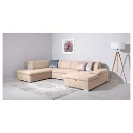 Wohnlandschaft Home Affaire "KARDA B/T/H: 328/215/95 cm, Liegefläche 256/126 cm" Sofas Gr. B/H/T: 328 cm x 95 cm x 215 cm, Struktur, Ottomane rechts, beige verstellbare Kopfstützen und Armlehne, U-form, Bettkasten, Federkern