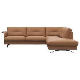 Ecksofa FLEXLUX "Glow, super bequem durch hochwertigem Sitzaufbau mit Federkern, L-Form" Sofas Gr. B/H/T: 268cm x 81cm x 224cm, Echtleder, Ottomane links, Armlehnen in geölter Eiche, braun (modern cognac brown) Skandinavisches Design, In hochwertiger Verarbeitung