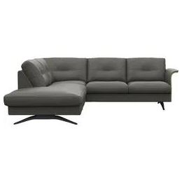 Ecksofa FLEXLUX "Glow, super bequem durch hochwertigem Sitzaufbau mit Federkern, L-Form" Sofas Gr. B/H/T: 236cm x 81cm x 224cm, Echtleder, Ottomane links, Armlehnen in Walnuss, grau (warm mineral grau) Modernes skandinavisches Design