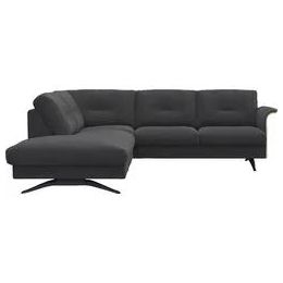 Ecksofa FLEXLUX "Glow, super bequem durch hochwertigem Sitzaufbau mit Federkern, L-Form" Sofas Gr. B/H/T: 236cm x 81cm x 224cm, Lederoptik, Ottomane links, Armlehnen in Walnuss, grau (shark grau) Modernes skandinavisches Design