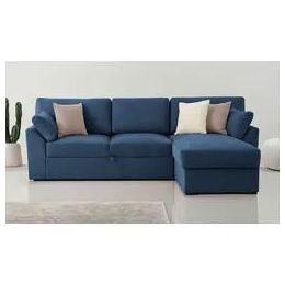 Ecksofa Home Affaire "Citry Schlafsofa" Sofas Gr. B/H/T: 246cm x 88cm x 156cm, Chenille, Recamiere rechts, blau (dunkelblau) Breite 246 cm, Chenille, Bettfunktion, Bettkasten, L-Form