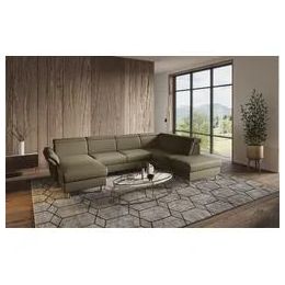 Wohnlandschaft Home Affaire "Calypso U-Form" Sofas Gr. B/H/T: 334 cm x 85 cm x 227 cm, Luxus-Microfaser, Ottomane rechts, ohne Kopfteilverstellung-ohne Armteilverstellung-ohne Bett-ohne Bettkasten-ohne Relax motorisch-ohne Stauraum, grün (olive) wahlweise mit motorischer Relaxfunktion