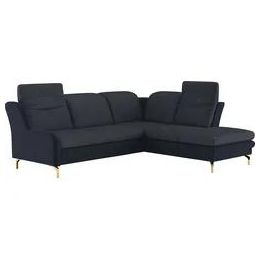 Sit & More Ecksofa SIT & MORE "Orient L-Form" Sofas Gr. B/H/T: 258cm x 91cm x 221cm, Struktur, Ottomane rechts, mit Kopfteilverstellung-mit Bettfunktion-mit Stauraum, blau (dunkelblau, navy) inkl. 2 Zierkissen mit Strass-Stein, goldfabene Metallfüße