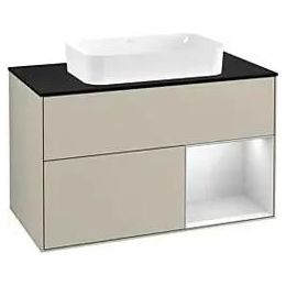 Villeroy & Boch Villeroy und Boch Finion Waschtischunterschrank F252MTHH 100x60,3cm, Abdeckplatte black matt, Regal rechts White matt lacquer, Sand Matt Lacquer