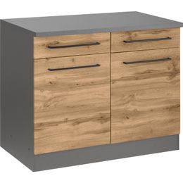Unterschrank KOCHSTATION, B:100cm H:85cm T:60cm, braun, Küche, Schränke, "KS-Tulsa", 100 cm breit, 2 Schubkästen, 2 Türen, schwarzer Metallgriff, MDF