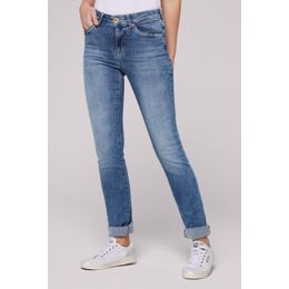 SOCCX Damen Regular-fit-Jeans, blau, Gr. 29, Abriebeffekte, Material: 81, 4% Baumwolle, 16, 5% Polyester, 2, 1% Elasthan, Zusatz: Enthält