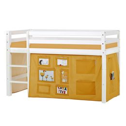 Hochbett Hoppekids, B:81cm H:105cm L:168cm, gelb, Kinderbett: 100% Massivholz: Nordische Kiefer, Vorhang: 100% Baumwolle, Matratzenbezug: 77%