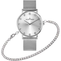 Quarzuhr Jacques Lemans "Nice Set, 1-2142A-SET" Armbanduhren silberfarben Damen Armbanduhr, Damenuhr, ideal auch als Geschenk, Swarovski-Kristalle