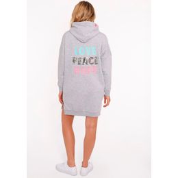 Sweatkleid Zwillingsherz ""Love Yourself More"" Gr. S/M, N-Gr, grau (light grey) Damen Kleider mit Kapuze, Taschen, Front und Backmotiv Pailletten