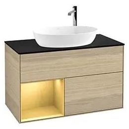 Villeroy & Boch Villeroy und Boch Finion Waschtischunterschrank G892HFPC 100cm, Abdeckplatte black matt, Emotion, Regale Gold matt lacquer, Oak Veneer