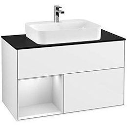 Villeroy & Boch Villeroy und Boch Finion Waschtischunterschrank F362MTGF 100cm, Abdeckplatte black matt, Regal links White matt lacquer, Glossy white lacquer