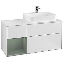 Villeroy & Boch Villeroy und Boch Finion Waschtischunterschrank F141GMMT 120cm, Abdeckplatte glass white Matt, Regal links Olive Matt Lacquer, White matt lacquer