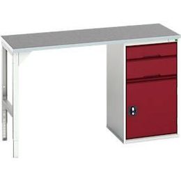 Unterbauwerkbank Bott verso, Linoleum-Platte, 2 Schubladen, 1 Tür, 1 Ablageboden, B 1500 x T 600 x H 930 mm, Lichtgrau / Purpurrot