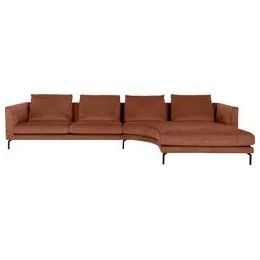 Ecksofa furninova "Megasofa und Polstertraum, Designmöbel mit erstklassigem Sitzkomfort" Sofas Gr. B/H/T: 371 cm x 80 cm x 177 cm, Velours, Recamiere rechts, ohne Bettfunktion, orange (peach) mit abgerundetem Longchair, im skandinavischen Design