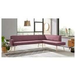 Eckbank exxpo - SOFA FASHION "Lungo, moderne Kedernaht, bequem und elegant, hoher Holzfuß" Sitzbänke Gr. B/H/T: 198cm x 84cm x 260cm, Veloursstoff, langer Schenkel links, lila hochwertige Detailverarbeitung, frei im Raum stellbar