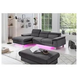 Ecksofa COTTA "Komaris L-Form" Sofas Gr. B/H/T: 244cm x 72cm x 166cm, Feinstruktur, Recamiere links, ohne Bettfunktion-ohne Bettkasten-mit RGB-LED-Beleuchtung, grau mit Kopfteilverstellung, wahlweise Bettfunktion,Stauraum & Beleuchtung