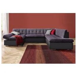 Wohnlandschaft Trendmanufaktur "Reggae modern und bequem, aktueller Materialmix, U-Form" Sofas Gr. B/H/T: 298cm x 78cm x 94cm, Microfaser PRIMABELLE-Struktur, Recamiere links, Mit Bettfunktion, schwarz (schwarz/lila) inkl. verstellbare Armlehne, wahlweise mit Bettfunktion