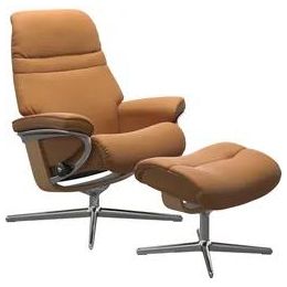 Relaxsessel stressless "Sunrise" Sessel Gr. Material Bezug, Material Gestell, Ausführung / Funktion, Maße B/H/T, braun (new caramel) mit Hocker, Cross Base, Größe S, M & L, Holzakzent Eiche