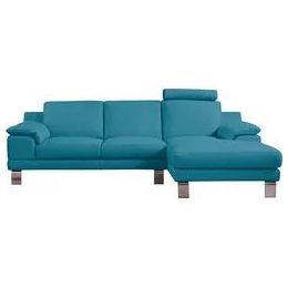 Ecksofa Egoitaliano "Shakira, Design und super Sitzkomfort auf hohem Niveau, tolle Details" Sofas Gr. B/H/T: 236cm x 84cm x 152cm, Leder BULL, Recamiere rechts, blau (türkis) mit Recamiere, L-Form, edle Füße