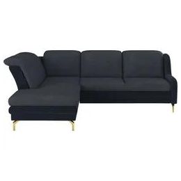 Sit & More Ecksofa SIT & MORE "Orient L-Form" Sofas Gr. B/H/T: 258cm x 91cm x 221cm, Struktur, Ottomane links, mit Kopfteilverstellung-ohne Bettfunktion-ohne Stauraum, blau (dunkelblau/ navy) inkl. 2 Zierkissen mit Strass-Stein, goldfabene Metallfüße