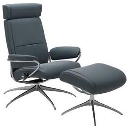 Relaxsessel stressless "Paris" Sessel Gr. Leder BATICK, Star Base-High Base, PlusTMSystem-Gleitsystem-Relaxfunktion-Drehfunktion-Kopfstützenverstellung-Rückteilverstellung, B/H/T: 80cm x 102cm x 75cm, blau (atlantic batick) mit Hocker, Low Back Kopfstütze, Star Base, Gestell Chrom