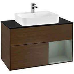 Villeroy & Boch Villeroy und Boch Finion Waschtischunterschrank F372GMGN 100cm, Abdeckplatte black matt, Regal rechts Olive Matt Lacquer, Walnut veneer