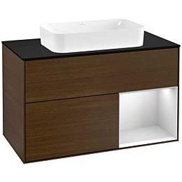 Villeroy & Boch Villeroy und Boch Finion Waschtischunterschrank F252MTGN 100x60,3cm, Abdeckplatte black matt, Regal rechts White matt lacquer, Walnut veneer