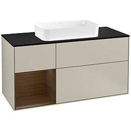 Villeroy & Boch Villeroy und Boch Finion Waschtischunterschrank F292GNHH 120cm, Abdeckplatte black matt, Regal links Walnut veneer, Sand Matt Lacquer