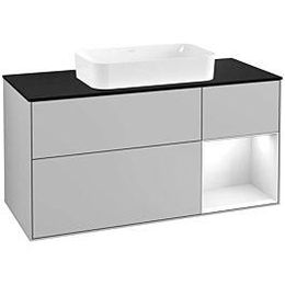 Villeroy & Boch Villeroy und Boch Finion Waschtischunterschrank G302GFGJ 120cm, Abdeckplatte black matt, Emotion, Regal rechts Glossy white lacquer, Light grey matt