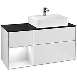 Villeroy & Boch Villeroy und Boch Finion Waschtischunterschrank F142GFMT 120cm, Abdeckplatte Glass Black Matt, Regal links Glossy white lacquer, White matt lacquer