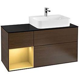 Villeroy & Boch Villeroy und Boch Finion Waschtischunterschrank F142HFGN 120cm, Abdeckplatte Glass Black Matt, Regal links Gold matt, Walnut veneer