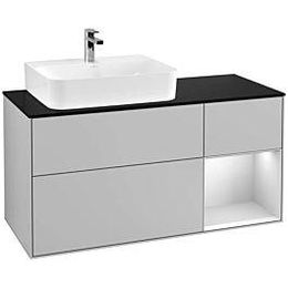 Villeroy & Boch Villeroy und Boch Finion Waschtischunterschrank F152MTGJ 120cm, Abdeckplatte black matt, Regal rechts White matt lacquer, Light grey matt