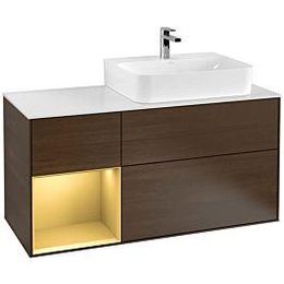 Villeroy & Boch Villeroy und Boch Finion Waschtischunterschrank G141HFGN 120cm, Abdeckplatte white matt, Emotion, Regal links Gold matt, Walnut veneer