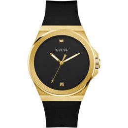 Quarzuhr Guess "VINYL" Armbanduhren schwarz (schwarz, gelbgoldfarben) Herren Armbanduhr, Herrenuhr, Silikonarmband, Mineralglas, analog