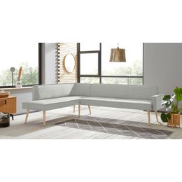 Eckbank exxpo - SOFA FASHION "Lungo, moderne Kedernaht, bequem und elegant, hoher Holzfuß" Sitzbänke Gr. B/H/T: 198 cm x 84 cm x 260 cm, Veloursstoff, langer Schenkel rechts, beige (beige melange) hochwertige Detailverarbeitung, frei im Raum stellbar