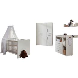 Babyzimmer-Komplettset BMG MÖBEL "Lea" Schlafzimmermöbel-Sets Gr. Mit Umbauseiten-Set + ohne Matratze, weiß Baby Bett + Wickelkommode 4-trg. Schrank Wandboard