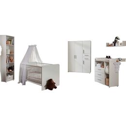 Babyzimmer-Komplettset BMG MÖBEL "Lea" Schlafzimmermöbel-Sets Gr. Mit Umbauseiten-Set + ohne Matratze, weiß Baby Bett + Wickelkommode 4-trg. Schrank Standregal Wandboard