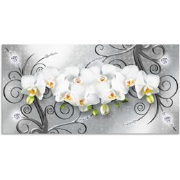 Wandbild Artland "weiße Orchideen auf Ornamenten" Bilder Gr. B/H: 100 cm x 50 cm, Alu-Dibond-Druck Blumenbilder Querformat, 1 St., grau als Alubild, Outdoorbild, Leinwandbild, Poster, Wandaufkleber