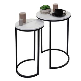 2er-Set Beistelltisch MCW-K46, Kaffeetisch Nachttisch Loungetisch, Marmor-Optik MDF ~ wei&szlig;-schwarz