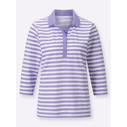 WITT Damen Poloshirt mit kurzer Knopfleiste, lavendel-wei&szlig;-geringelt, Gr&ouml;&szlig;e 46