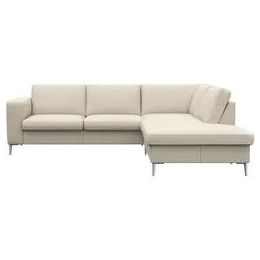 Ecksofa FLEXLUX "Fiore, L-Form" Sofas Gr. B/H/T: 241cm x 85cm x 225cm, Echtleder, Ottomane rechts, weiß (warm weiß) breite Armlehnen, Füße alufarben, BT 241225 cm, Kaltschaum im Sitz