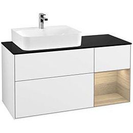 Villeroy & Boch Villeroy und Boch Finion Waschtischunterschrank F152PCGF 120cm, Abdeckplatte black matt, Regal rechts Oak Veneer, Glossy white lacquer