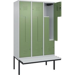 C+P Z-Spind Classic PLUS Sitzbank, 3 Abteile, lichtgrau / resedagrün, B 1200 mm, Zylinderschloss, auskragend, Kunststoff