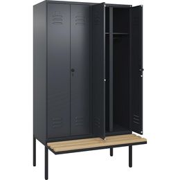 C+P Schwarz-Weiß-Spind Classic PLUS Sitzbank, 2 Abteile, grau, B 1200 mm, Sicherheits-Drehriegel, auskragend, Buche-Hartholz
