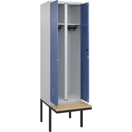 C+P Schwarz-Weiß-Spind Classic PLUS Sitzbank, 1 Abteil, lichtgrau / fernblau, B 600 mm, Zylinderschloss, auskragend, Buche-Hartholz