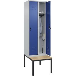 C+P Spind Classic PLUS Sitzbank, 2 Abteile, lichtgrau / enzianblau, B 600 mm, Sicherheits-Drehriegel, untergebaut, Buche-Hartholz